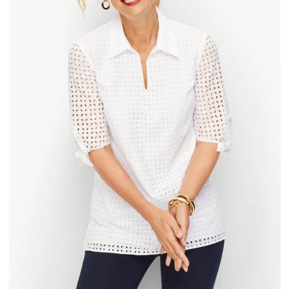 Talbots | Tops | Talbots Petal Eyelet Tiesleeve White Tunic | Poshmark
